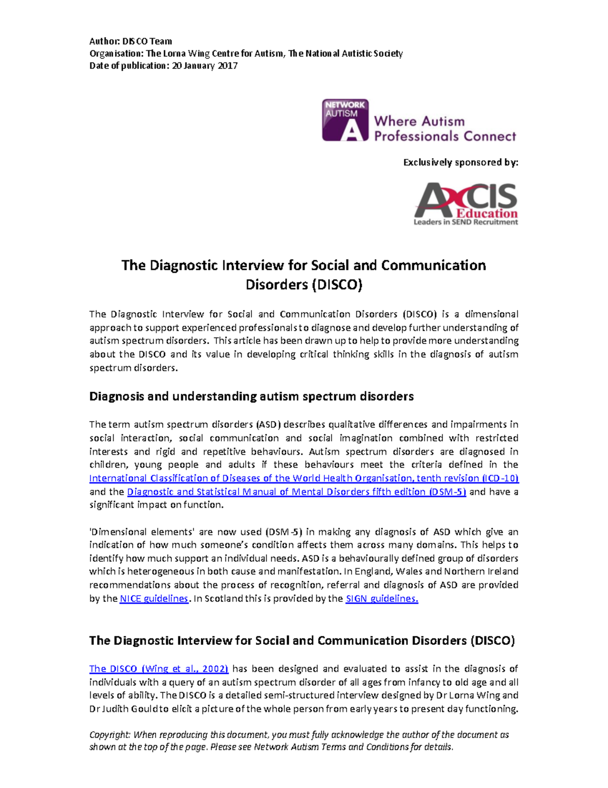 Disco revised: Understanding the diagnostic interview for autism - Studocu