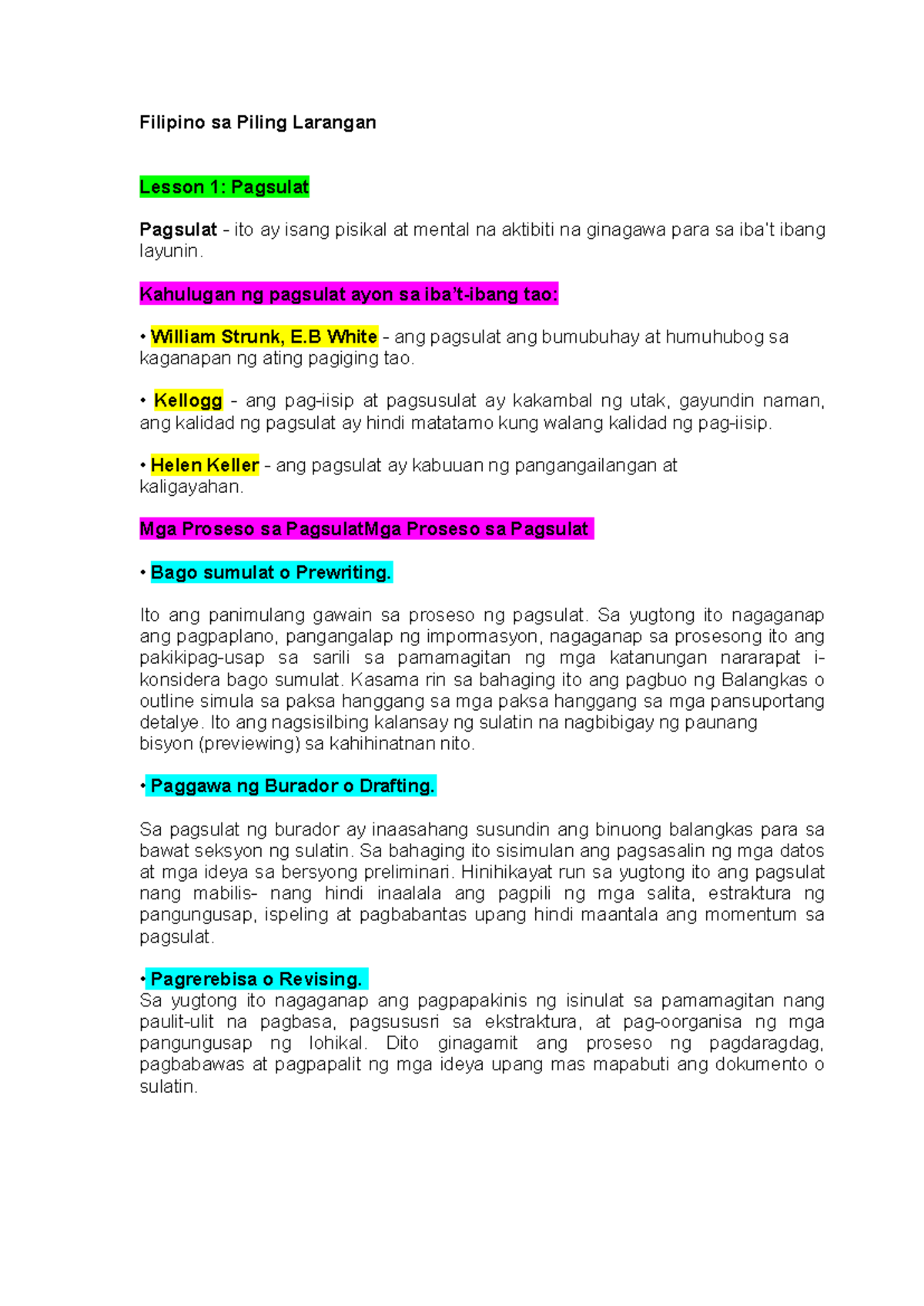 Filipino sa Piling Larangan: Lesson 1 - Pagsulat at mga Proseso nito ...