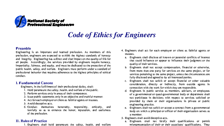 Code of Ethics for Engineers: Principles and Standards - Studocu