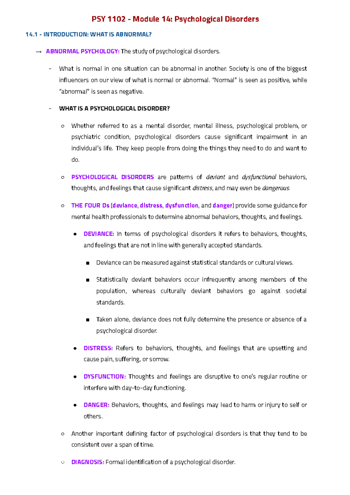 PSY 1102 - Module 14: Understanding Psychological Disorders - Studocu