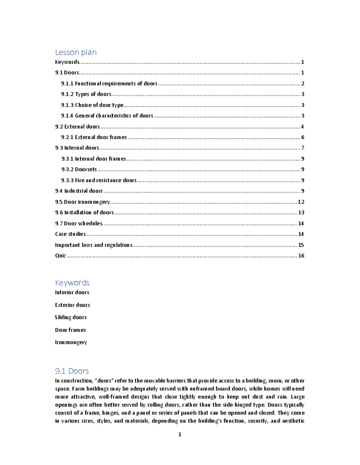 9 Class - Lesson Plan on Door Types and Requirements - Studocu
