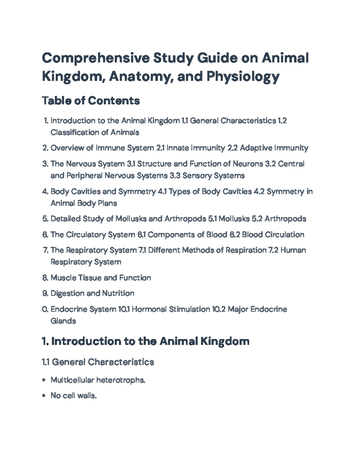 Comprehensive Study Guide: Animal Kingdom, Anatomy & Physiology ...
