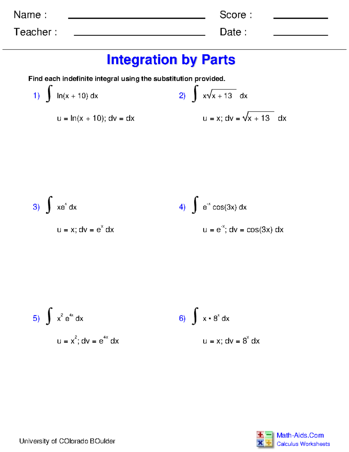 Calculus (MATH 101) Integration by Parts Practice Problems - Studocu