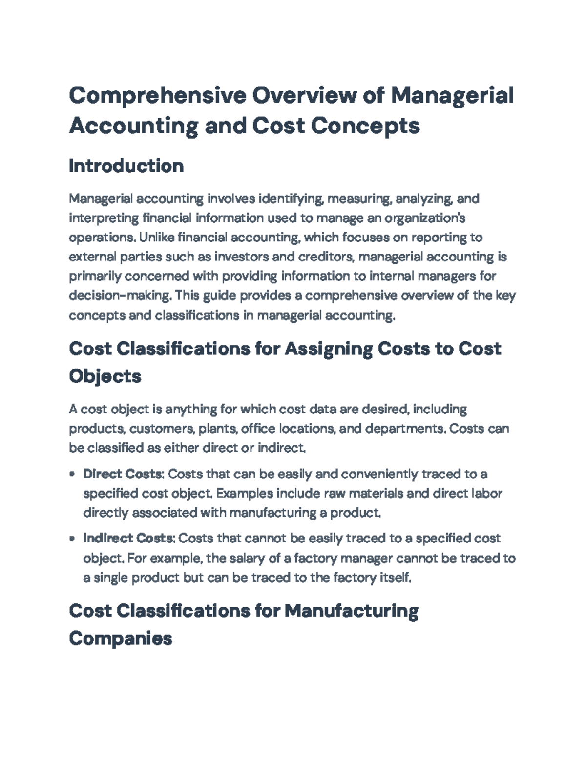 Managerial Accounting Overview: Key Concepts and Cost Classifications ...