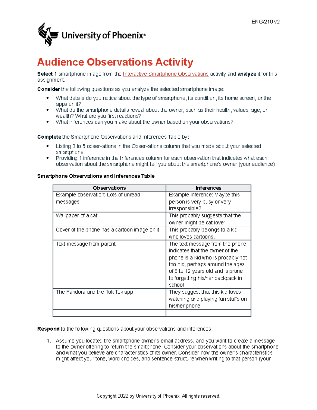 Assignment - great info - ENG/210 v Audience Observations Activity ...