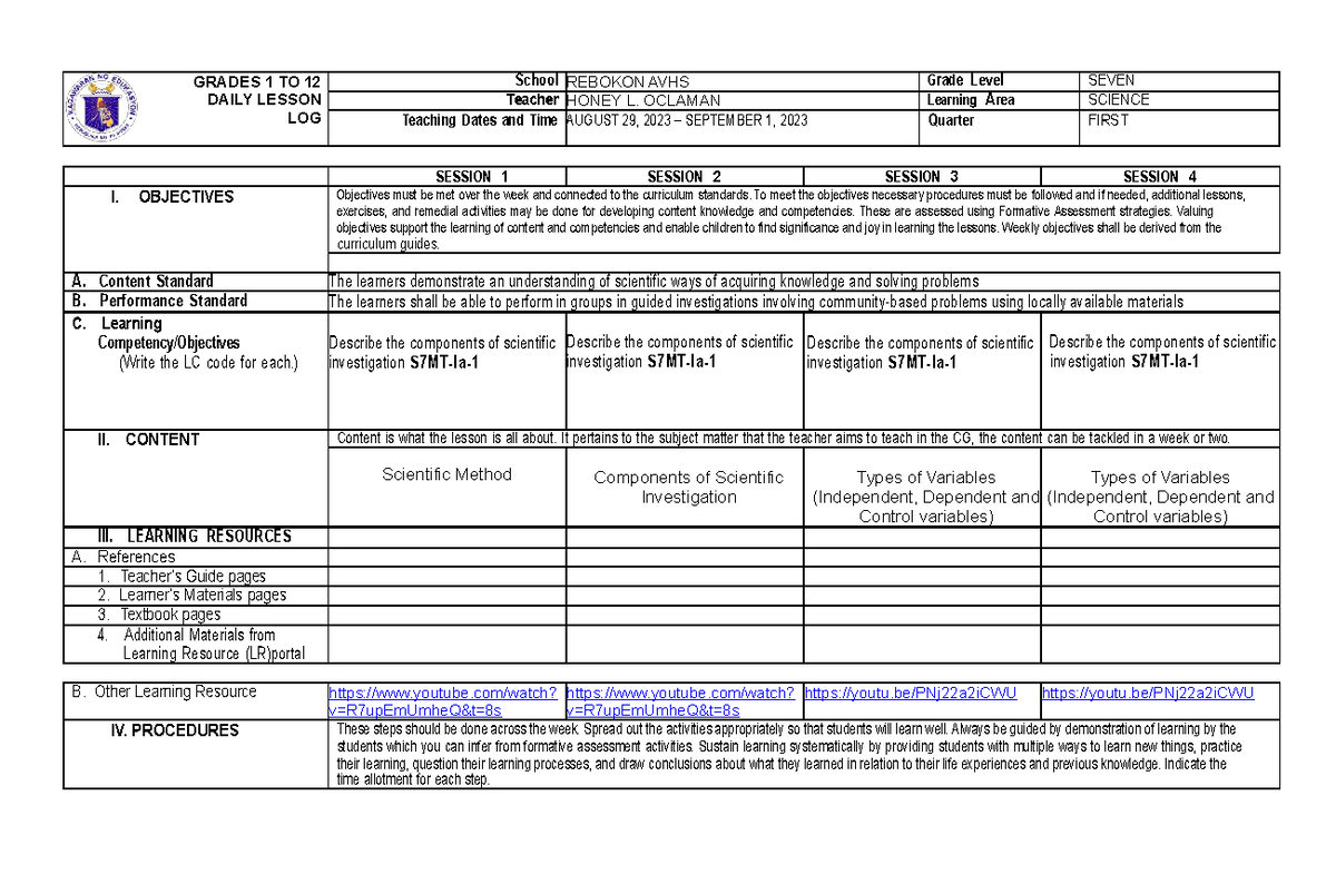 Daily Lesson Log for Grade 7 Science: 3rd Quarter Overview (DLL-7 ...