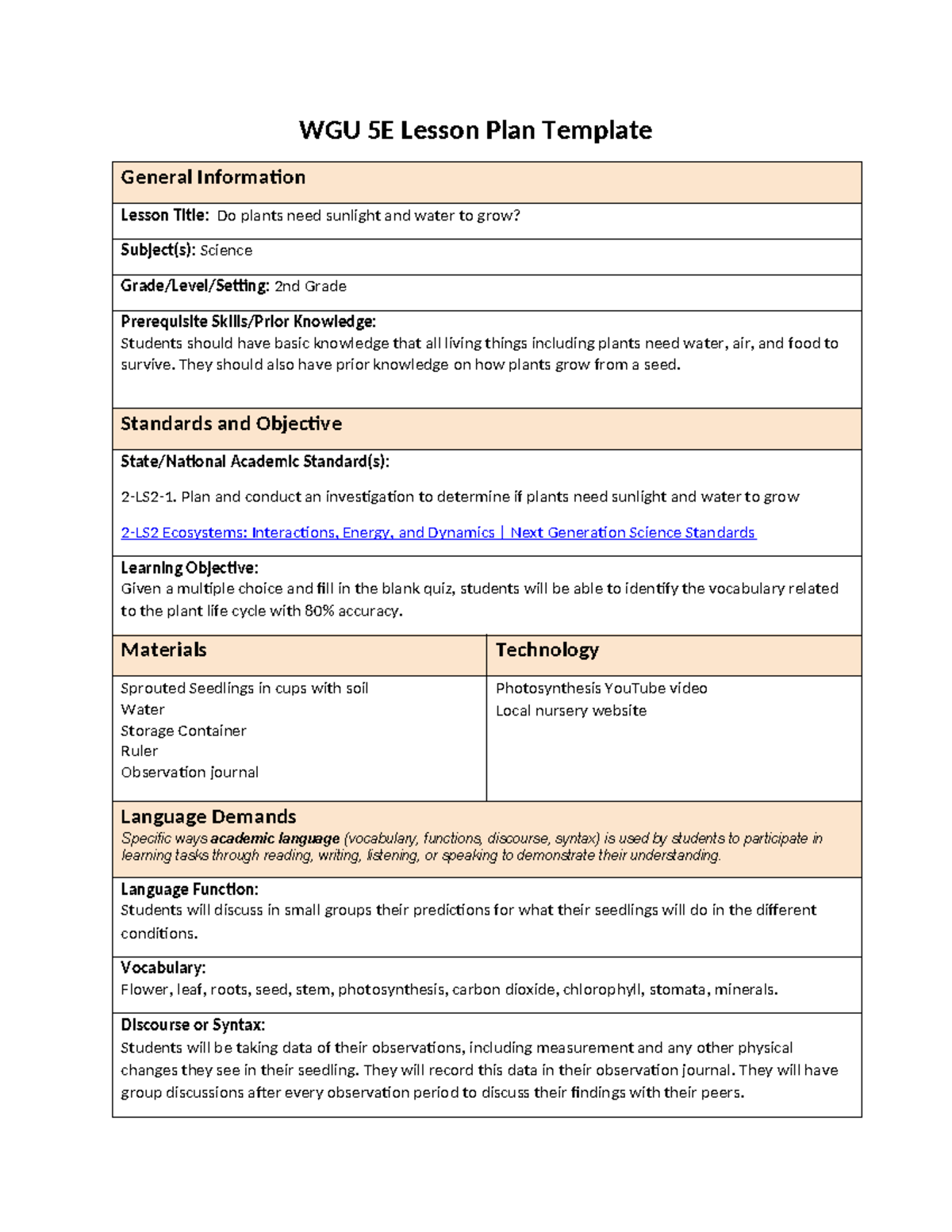 WGU 5E Lesson Plan: Do Plants Need Sunlight & Water to Grow? - Studocu
