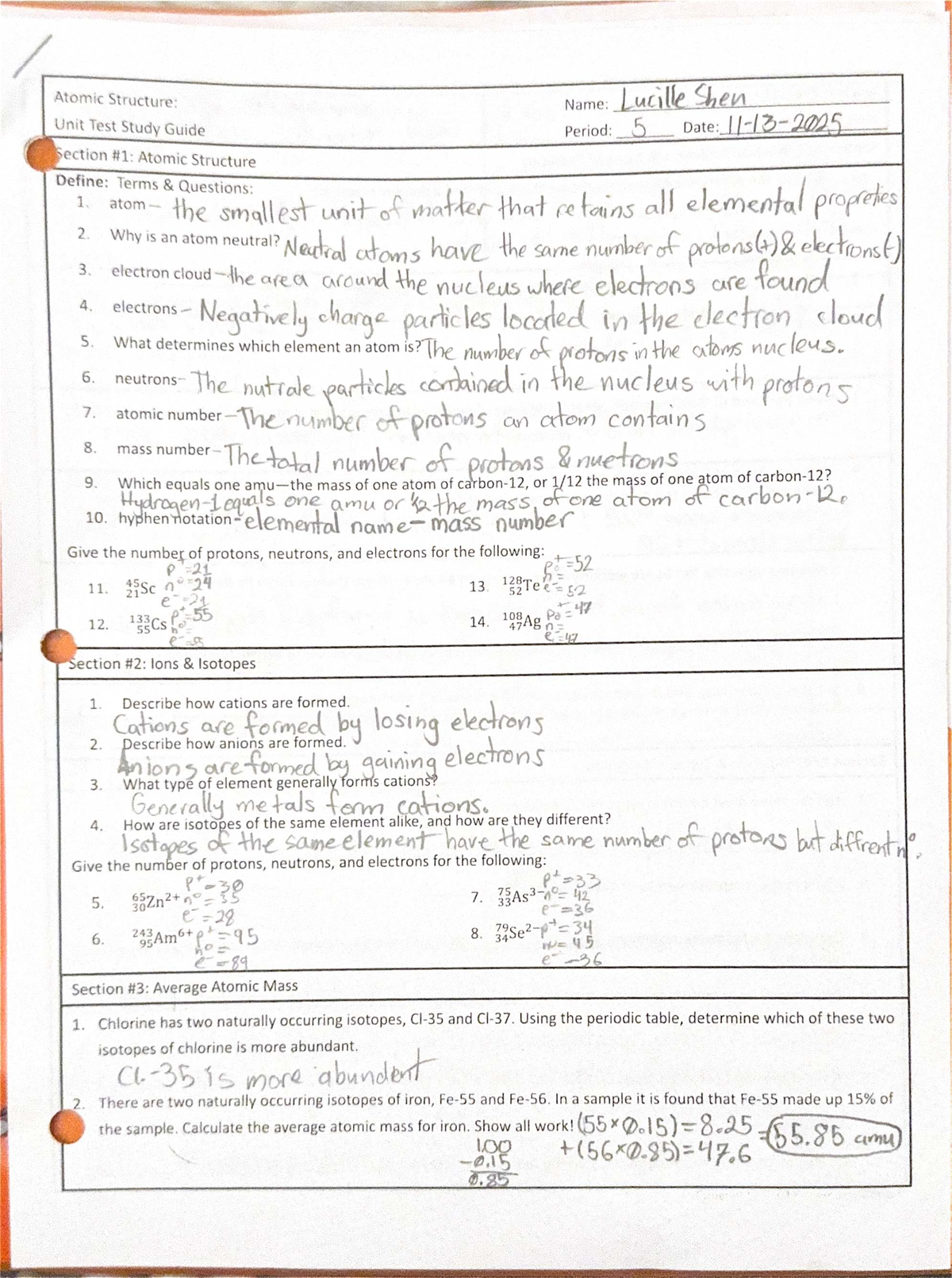 Chem 5: Atomic Structure & Nuclear Chemistry Unit Test Study Guide ...