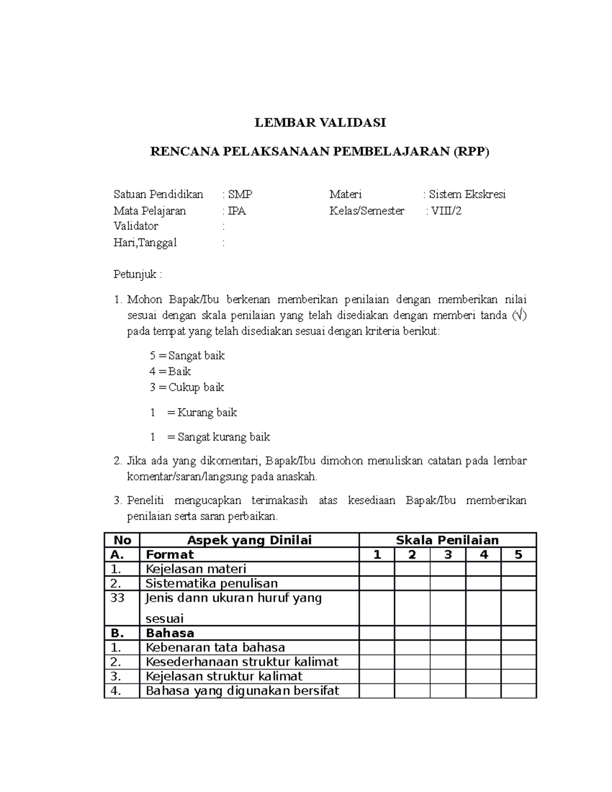 Validasi rpp - LEMBAR VALIDASI RENCANA PELAKSANAAN PEMBELAJARAN (RPP ...