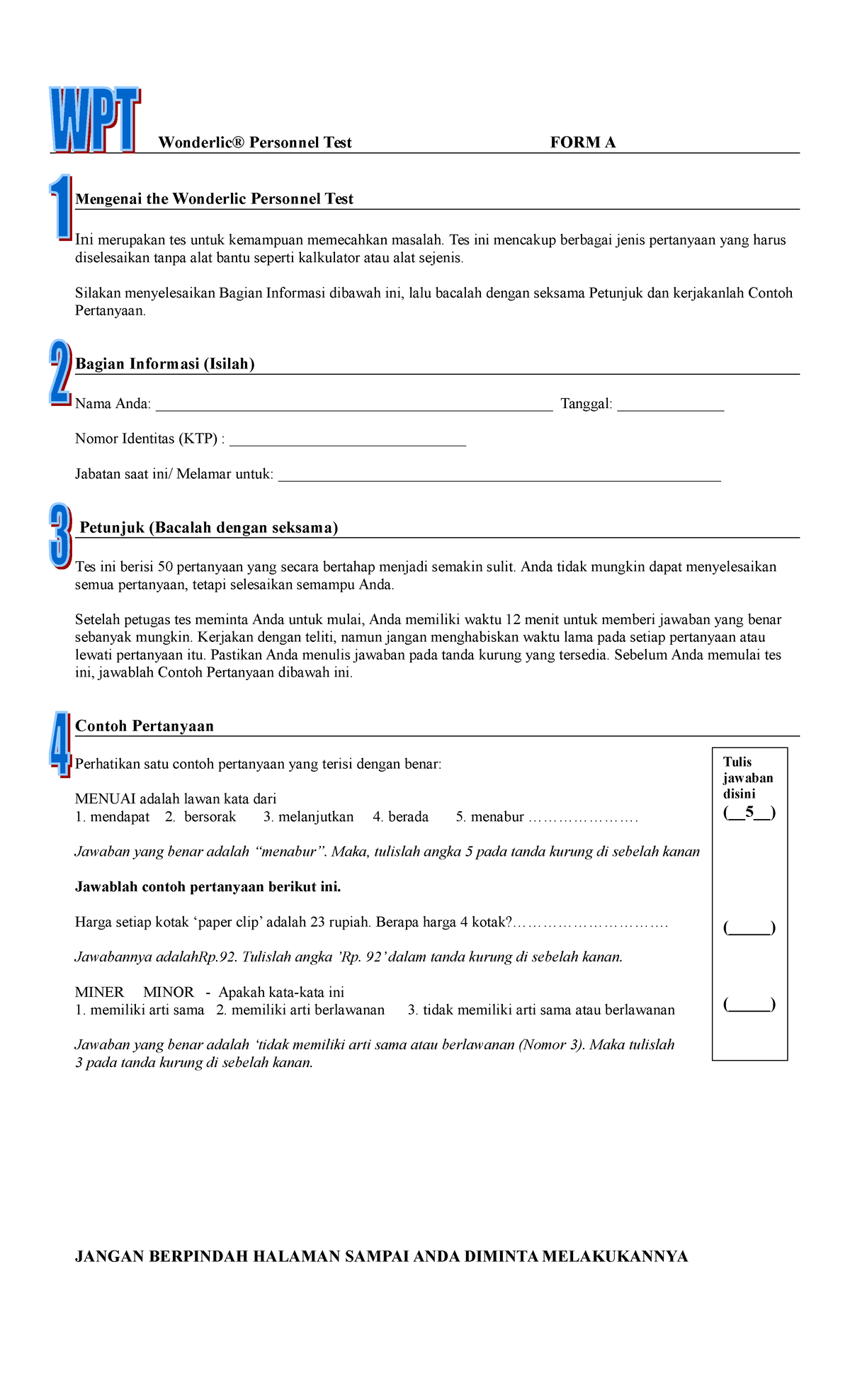 Soal Ujian WPT - Wonderlic Personnel Test FORM A - Studocu