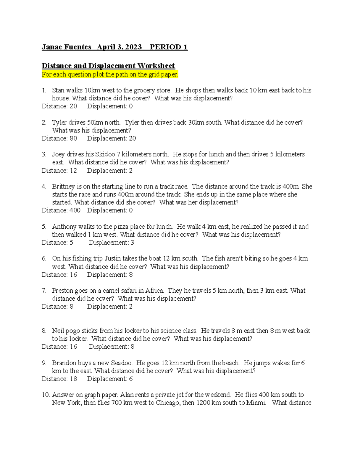 Distance and Displacement Worksheet: Analyzing Paths and Movements ...