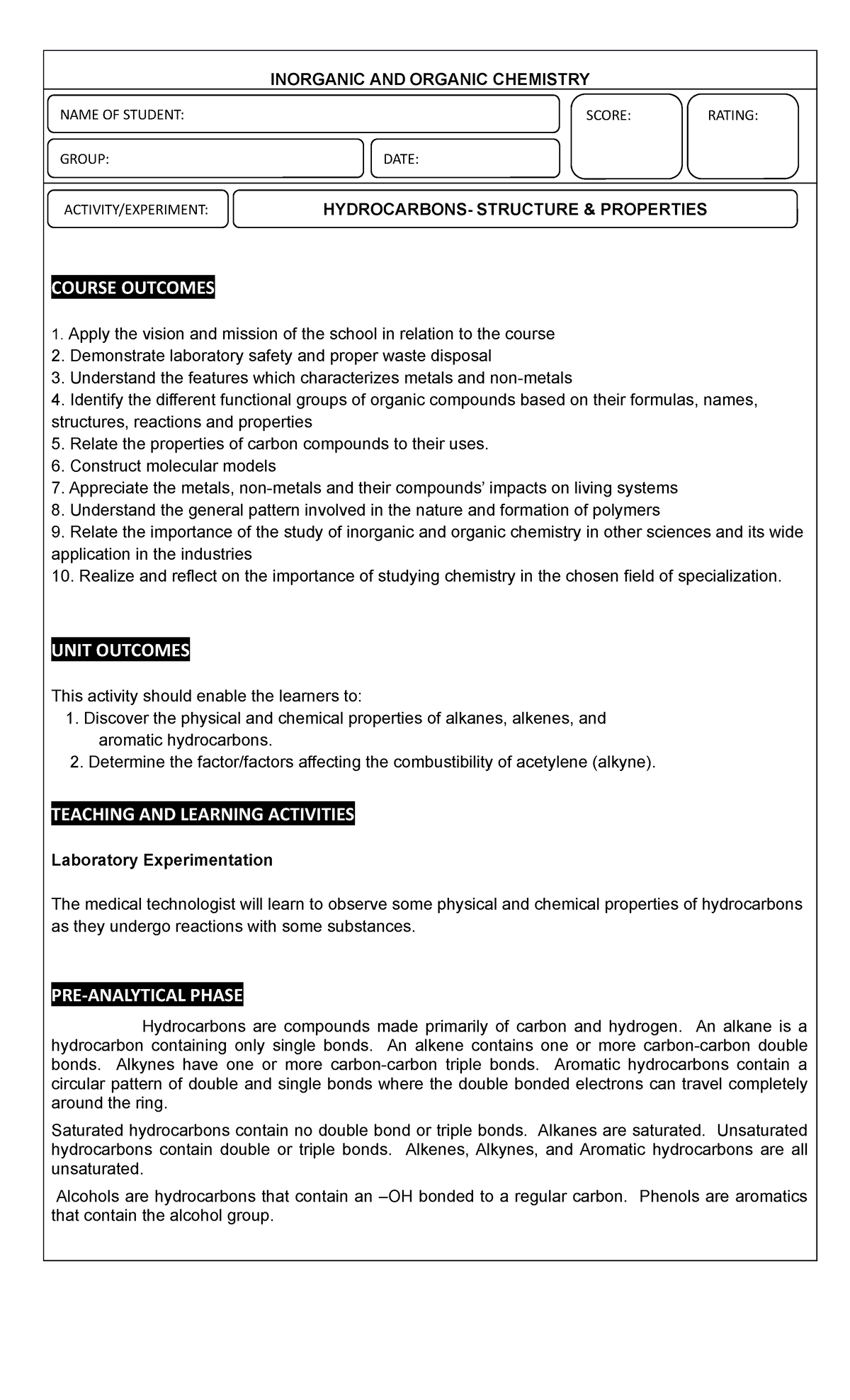Organic LAB ACT Sheet IN hydrocarbons - INORGANIC AND ORGANIC CHEMISTRY ...