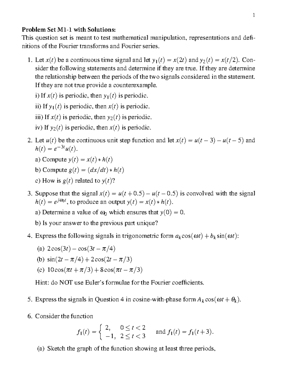 Problem Set M1 1 Solutions: Fourier Transforms & Series Analysis - Studocu