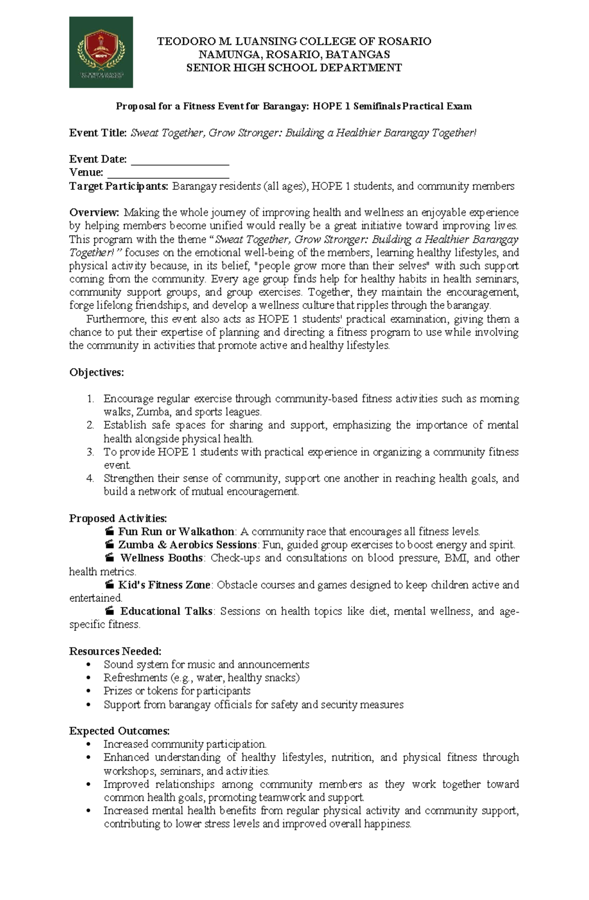 Fitness Event Proposal - TEODORO M. LUANSING COLLEGE OF ROSARIO NAMUNGA ...