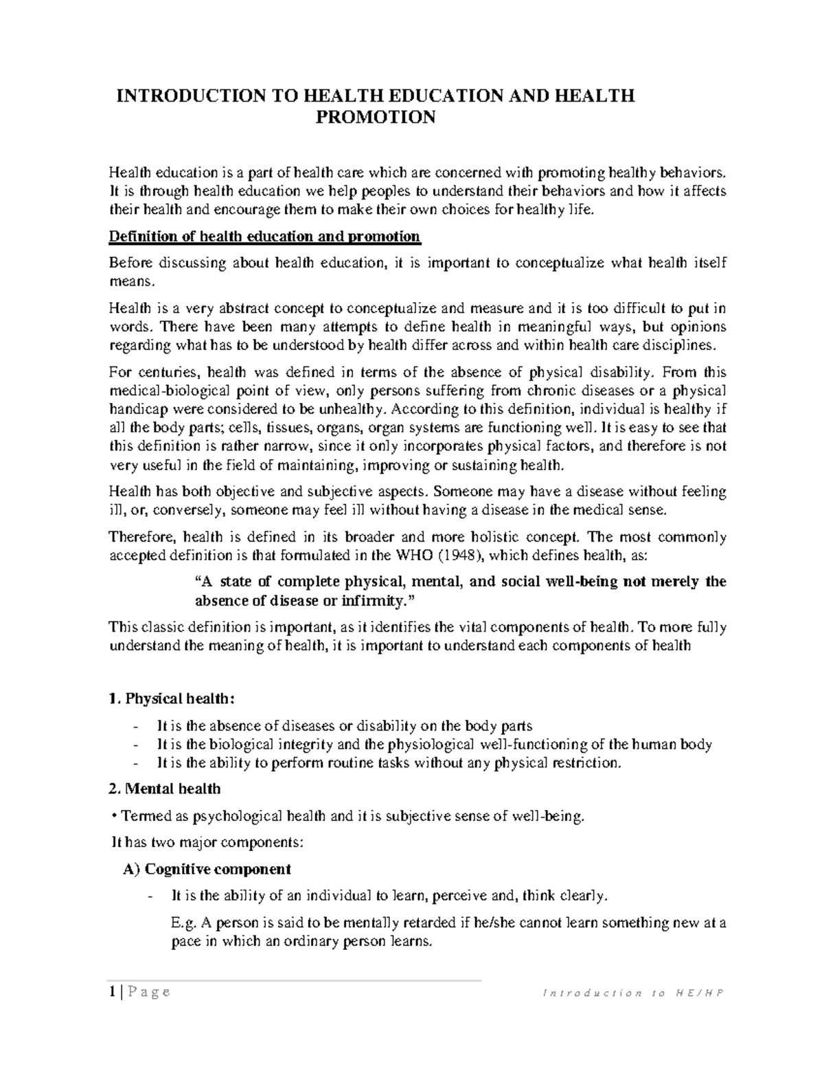 Unit 1 Introduction to health education and health promotion ...
