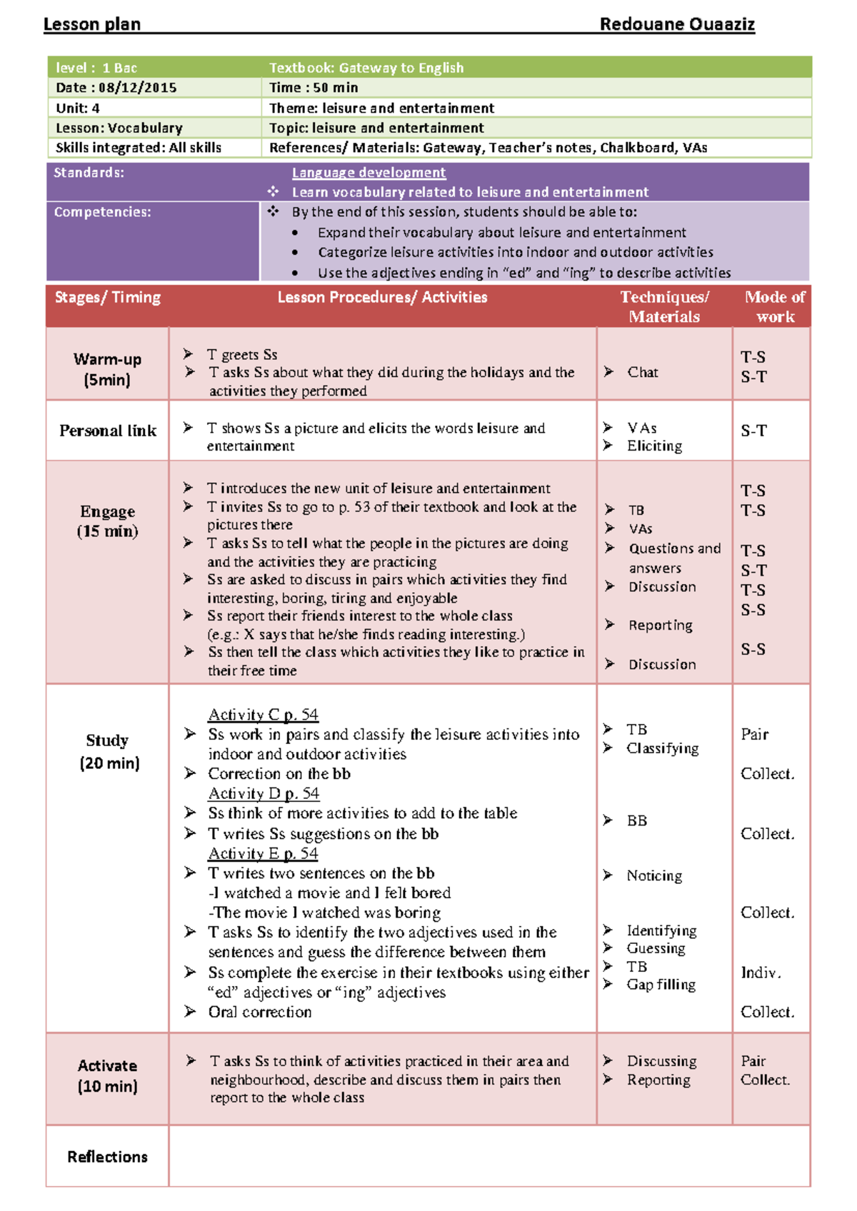 1 bac entertainment vocabulary - Lesson plan Redouane Ouaaziz level : 1 ...