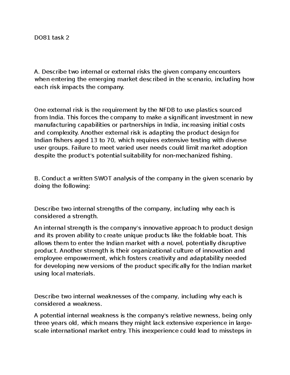 D081 Task 2: Risk Analysis and SWOT for Market Entry - Studocu