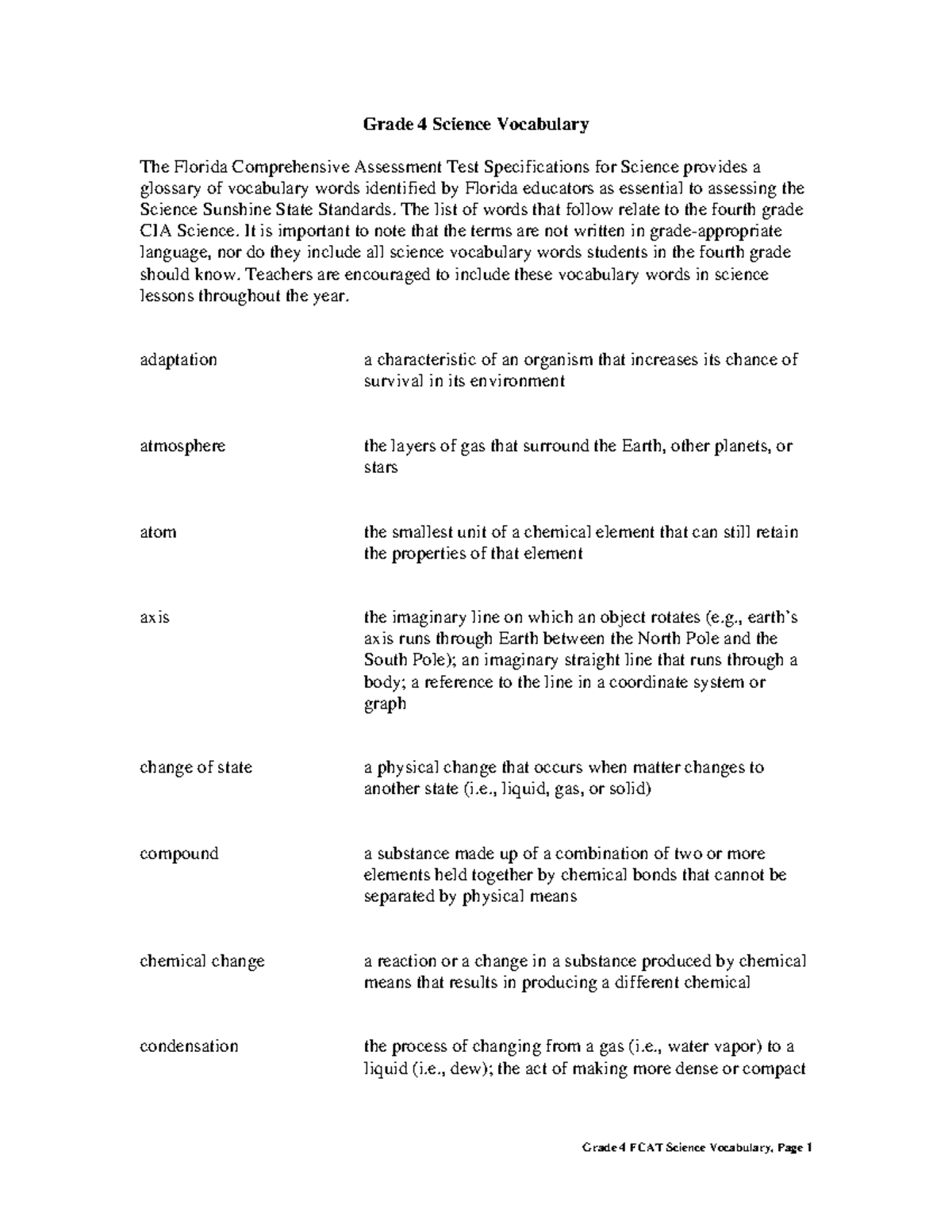 Grade 4 Vocabulary - Grade 4 Science Vocabulary The Florida ...