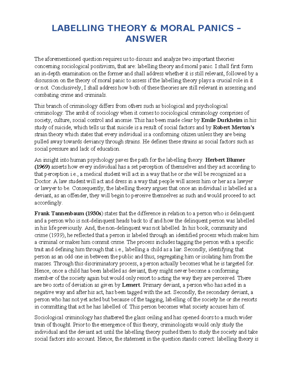 Labelling Theory & Moral Panic Analysis - SOC 101 Essay Notes - Studocu