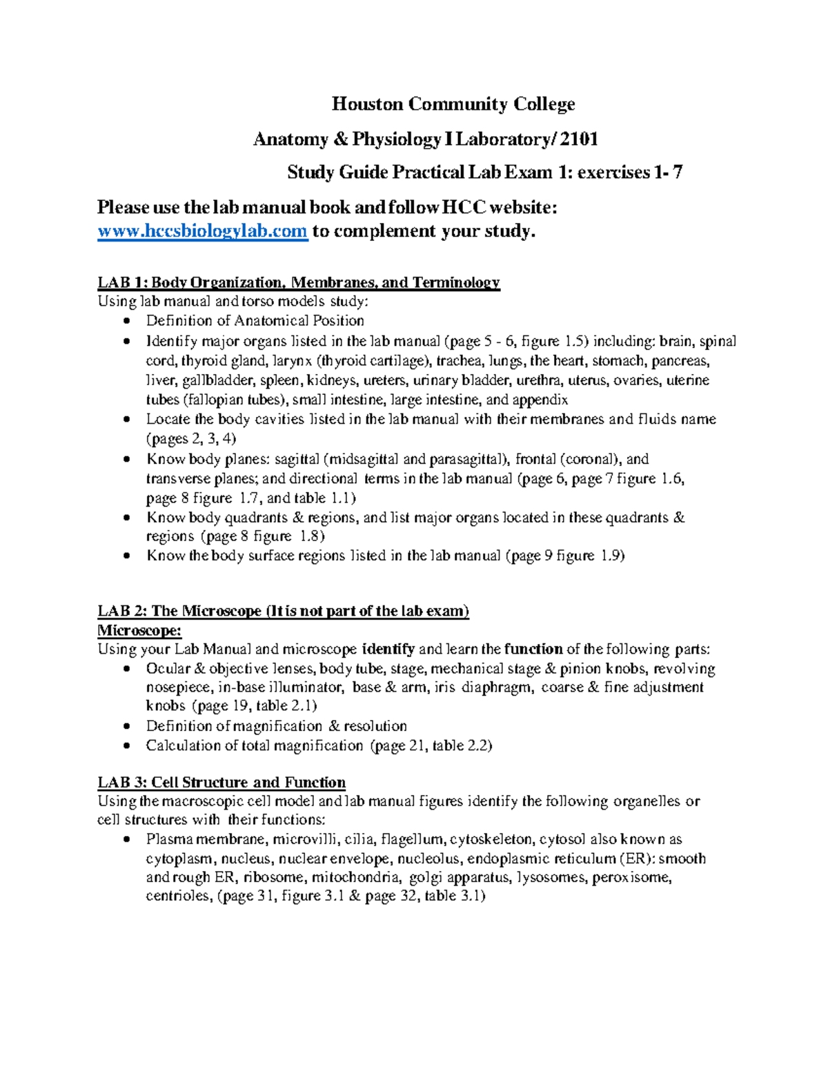 Anatomy & Physiology I 2101 Lab Study Guide: Practical Exam 1 Review ...