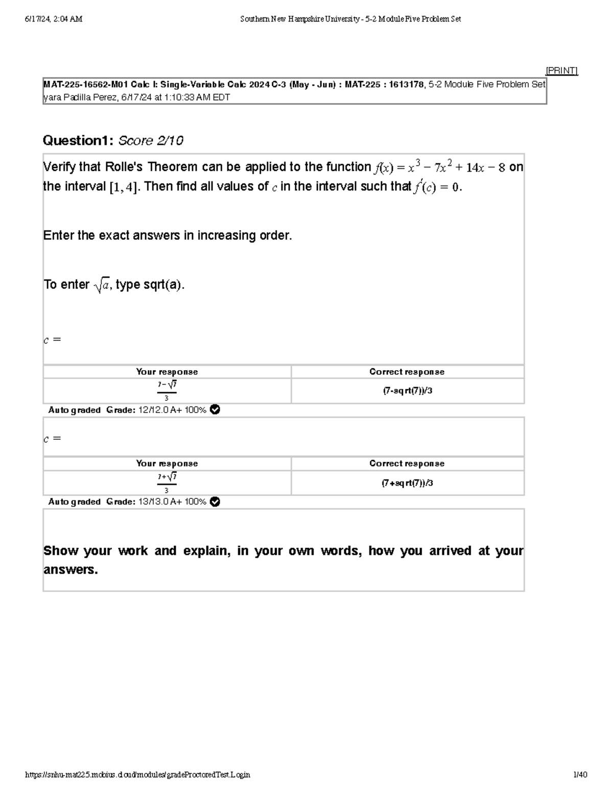 MAT-225 Module Five Problem Set: Rolle's Theorem & Function Analysis - Studocu