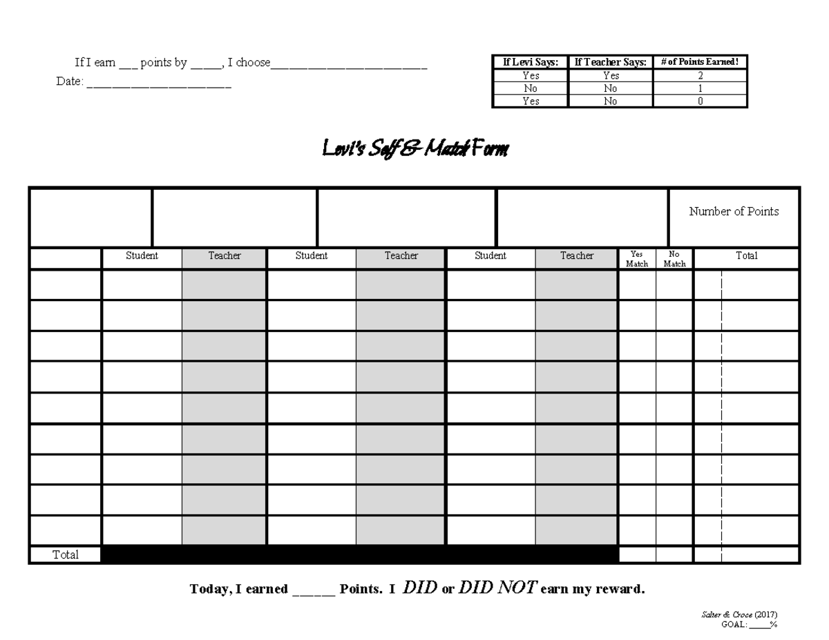 Editable Blank Self Match Form D - If I earn ___ points by , I choose