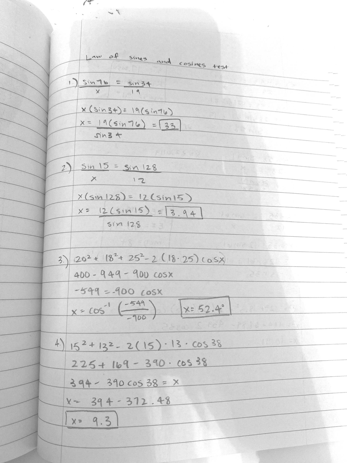 Unit 8 Test: Law of Sines and Cosines Problems and Solutions - Studocu