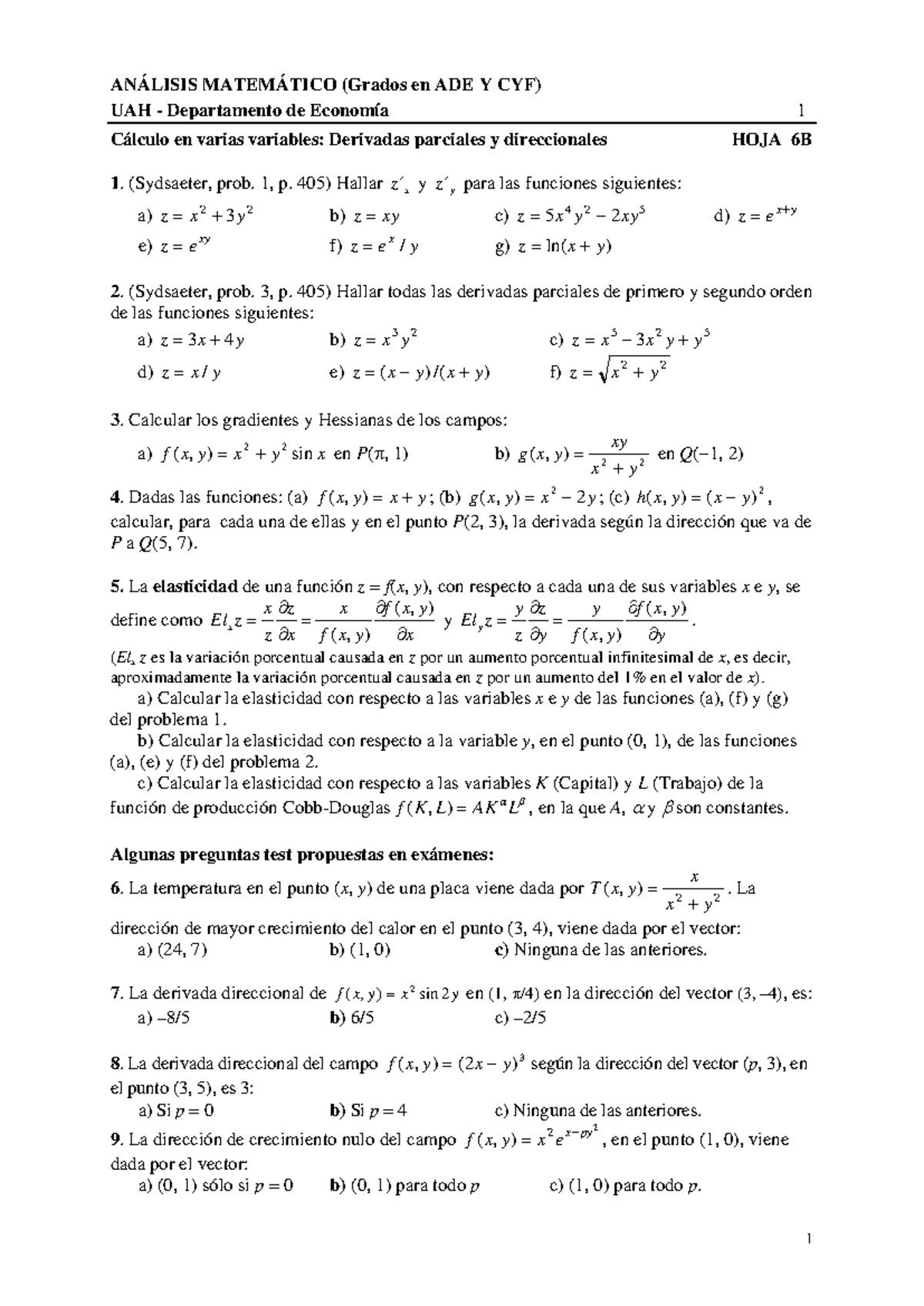 Matii HOJA 06B Derivadas parciales - ANÁLISIS MATEMÁTICO (Grados en ADE ...