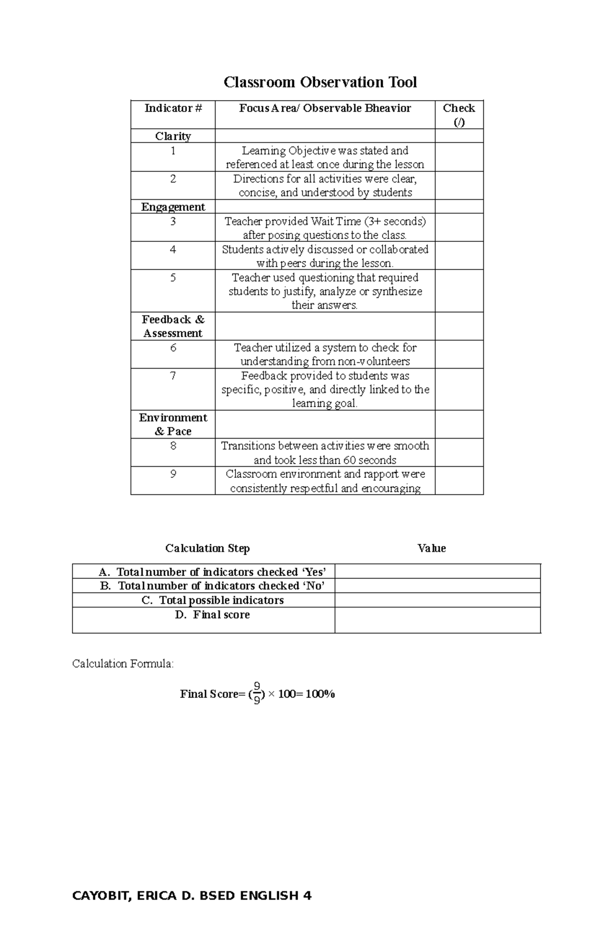 Classroom Observation Tool: Engagement & Feedback Indicators (BSED 4 ...