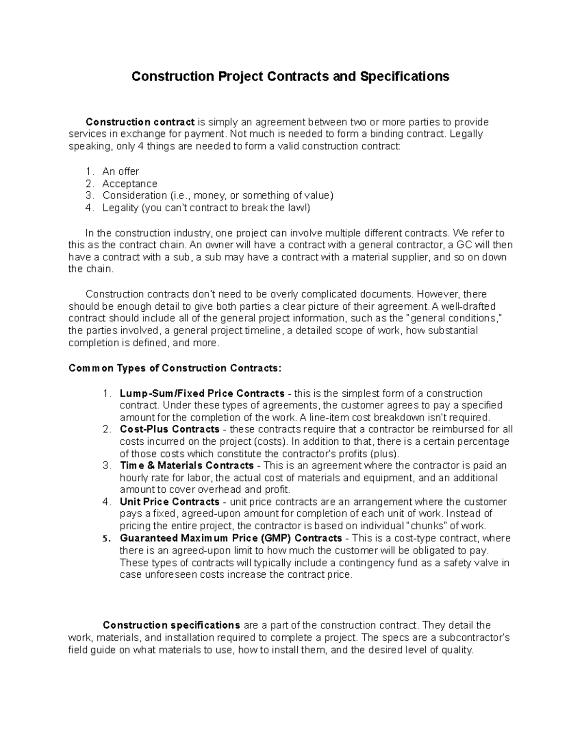 Construction Contracts & Specs Overview for Construction Projects - Studocu