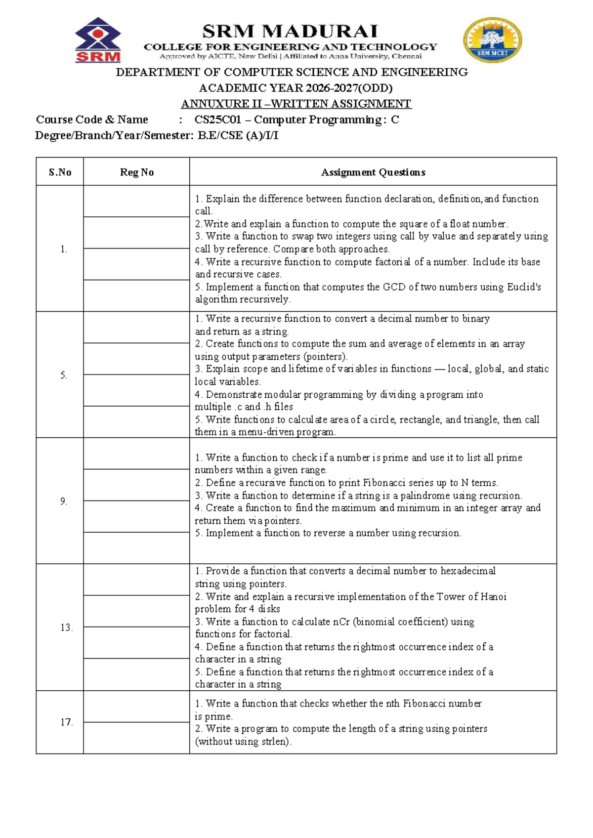 CS25C01 Computer Programming Assignment I: Functions & Pointers - Studocu