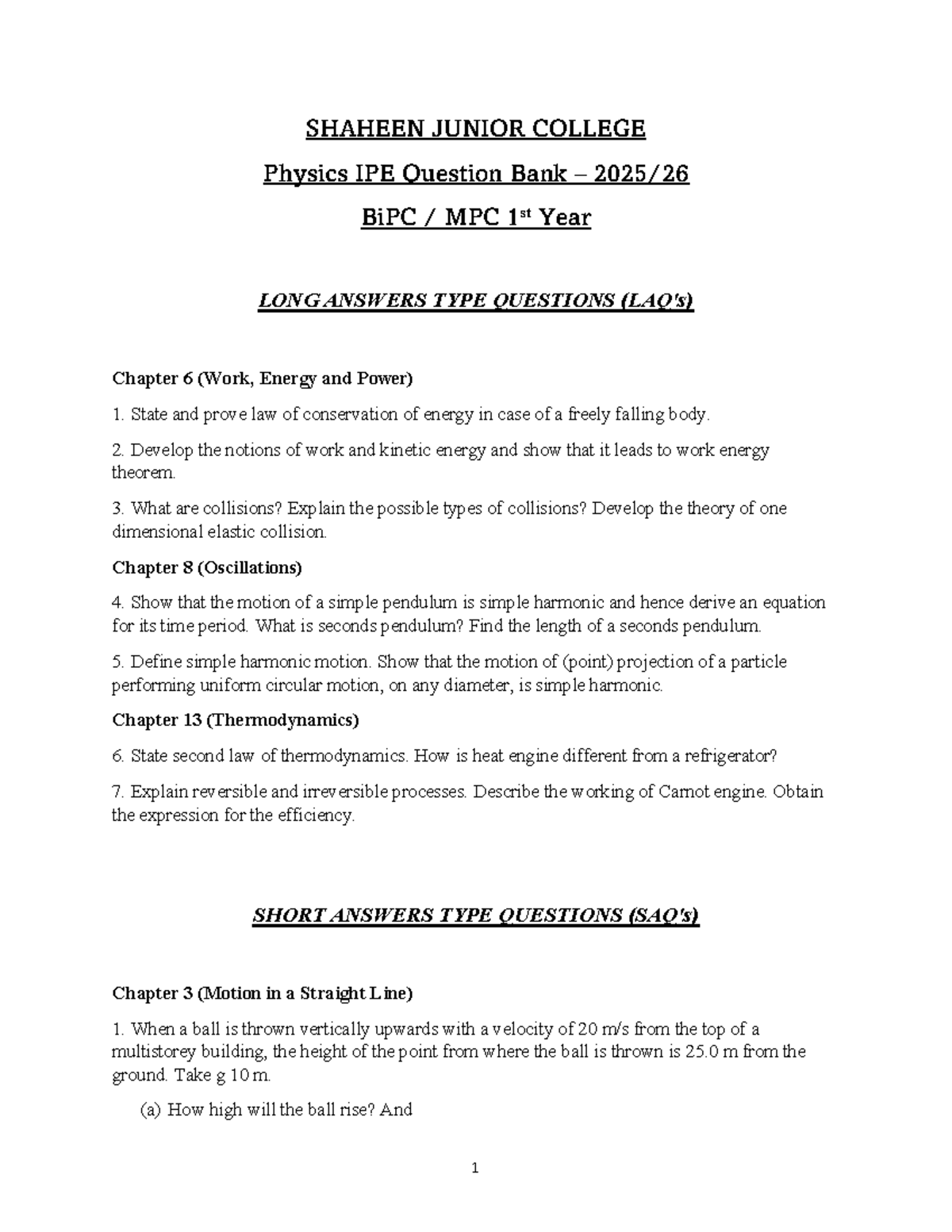 1st Year Physics IPE Question Bank: Long & Short Answer Questions - Studocu