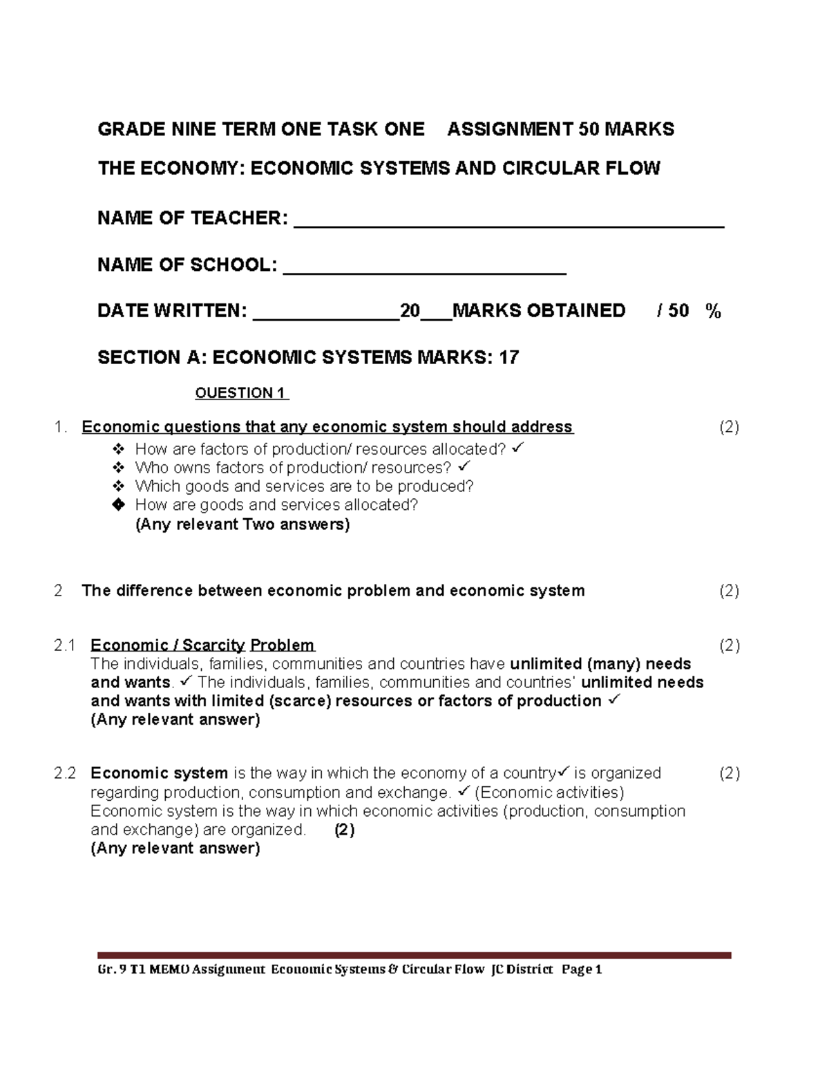 Gr. 9 T1 MEMO Assignment: Economic Systems & Circular Flow Analysis ...