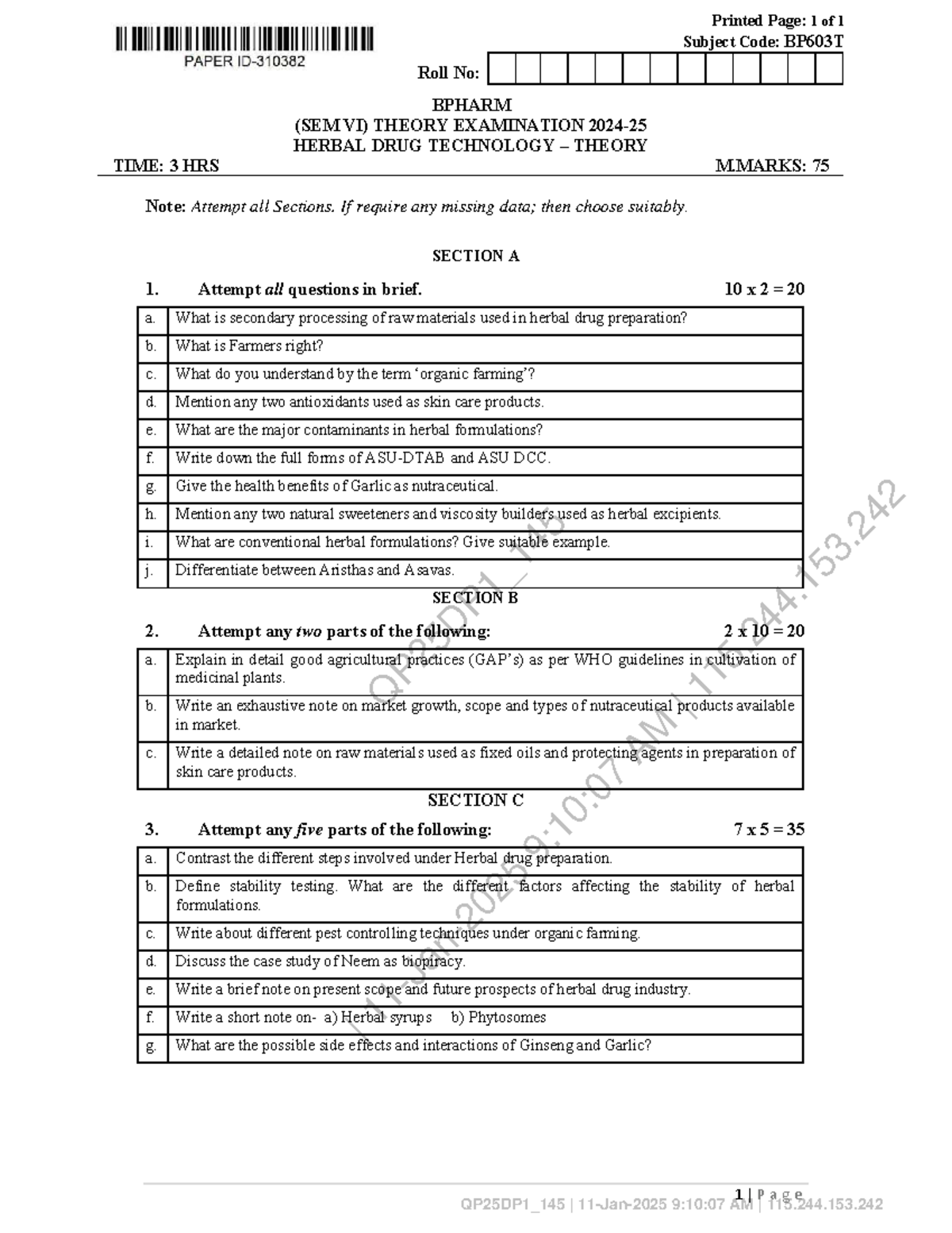 BPHARM SEM VI Herbal Drug Technology BP603T Exam Notes 2025 - Studocu