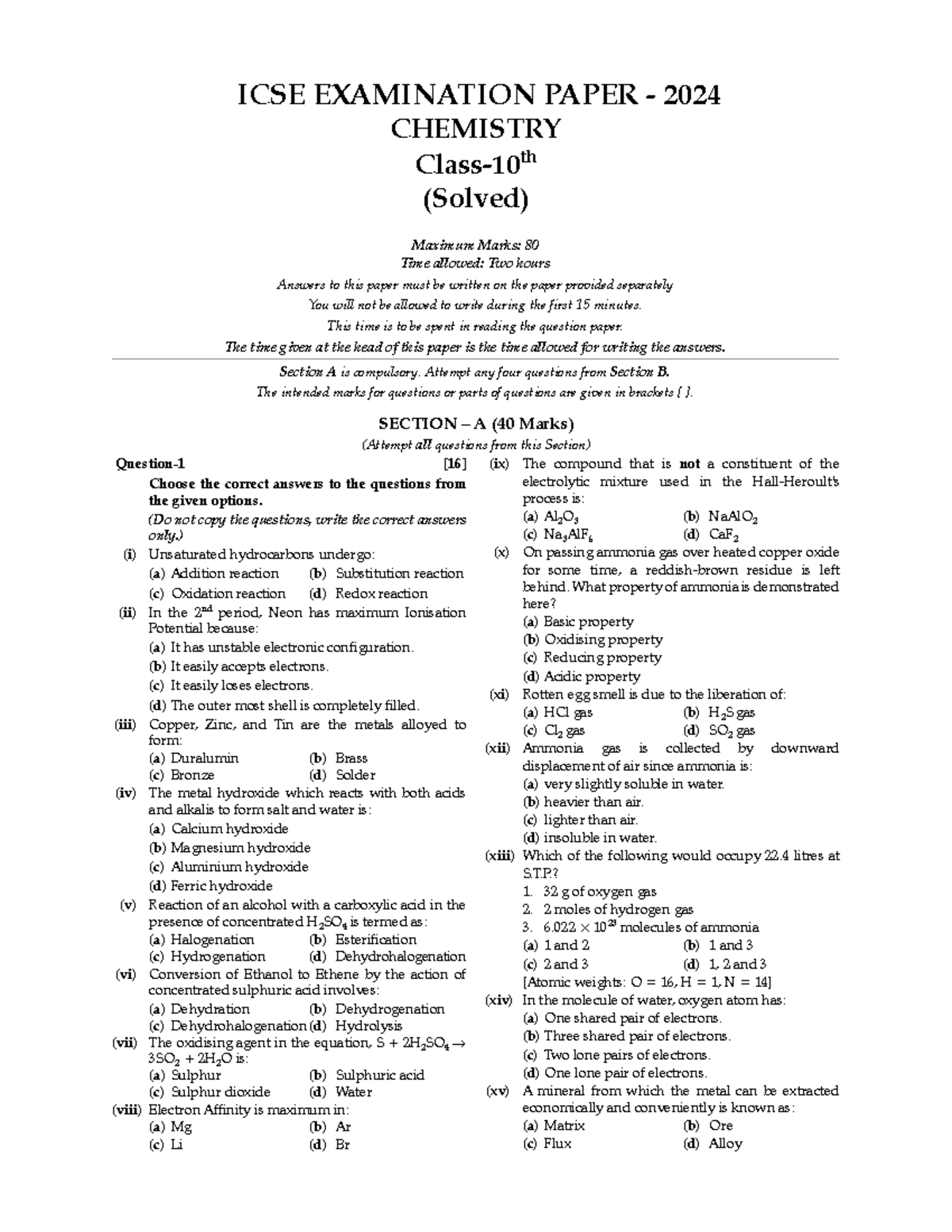 ICSE CHEMISTRY 10TH BOARD EXAM PAPER 2024 (Solved) - Studocu