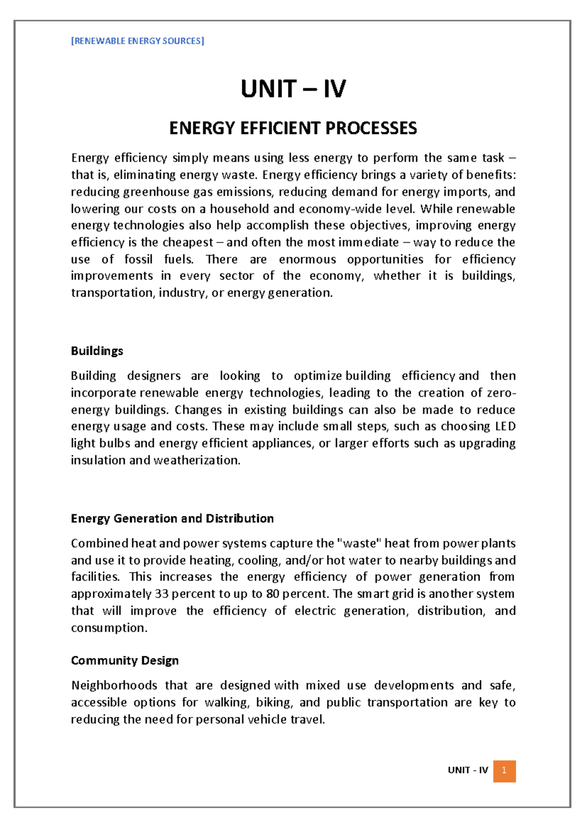 UNIT IV: Exploring Energy Efficiency and Renewable Energy Solutions ...
