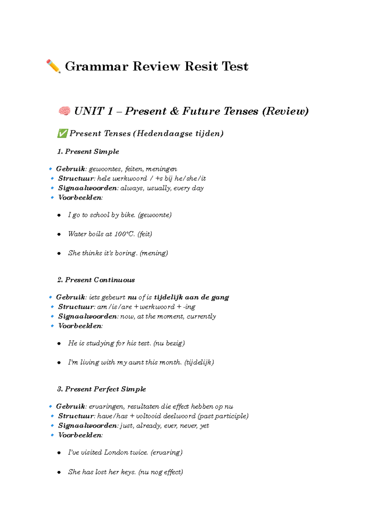 Engels Grammar Resit Test: Present & Future Tenses Review - Studeersnel