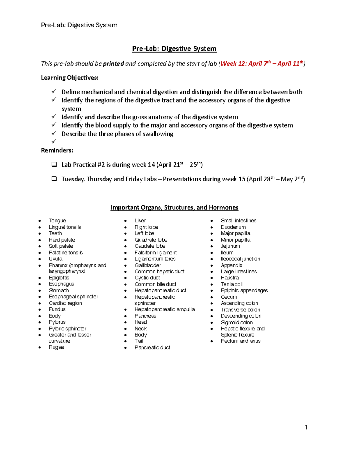 Digestive System Lab Notes - Week 12 & 14 Overview - Studocu