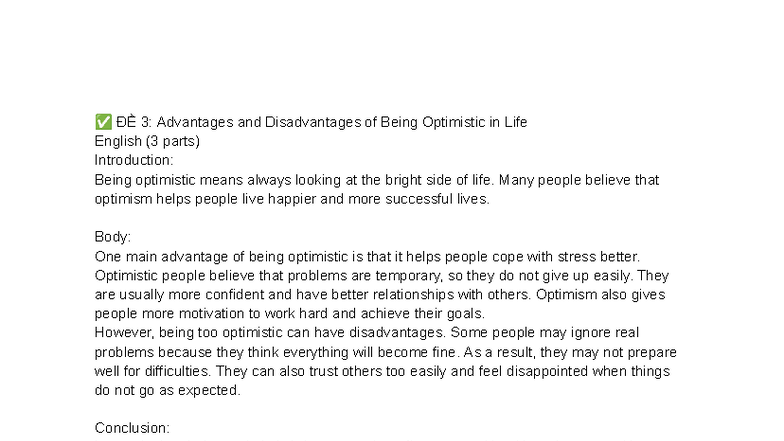 ĐỀ CƯƠNG ÔN THI: Advantages and Disadvantages of Optimism in Life - Studocu