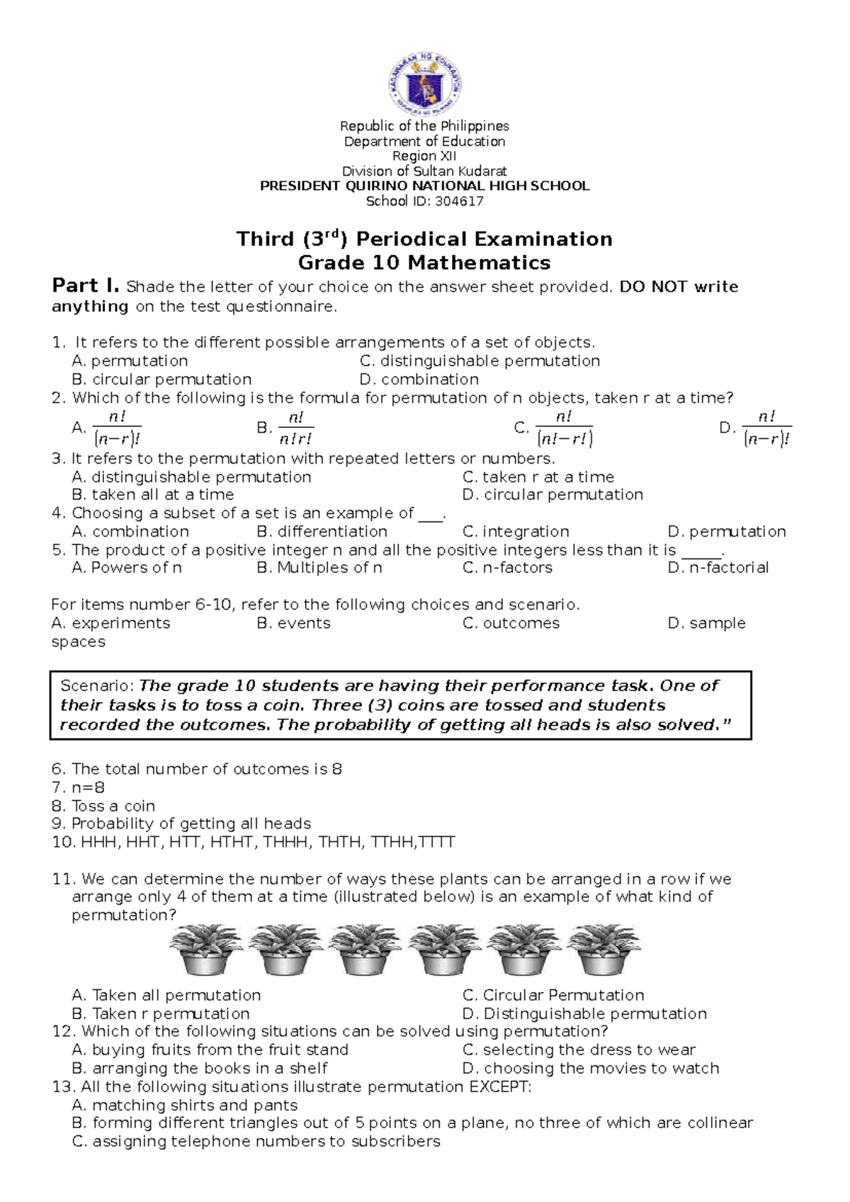 Grade 10 Math 3rd Periodical Exam (Part I) - Republic of the ...