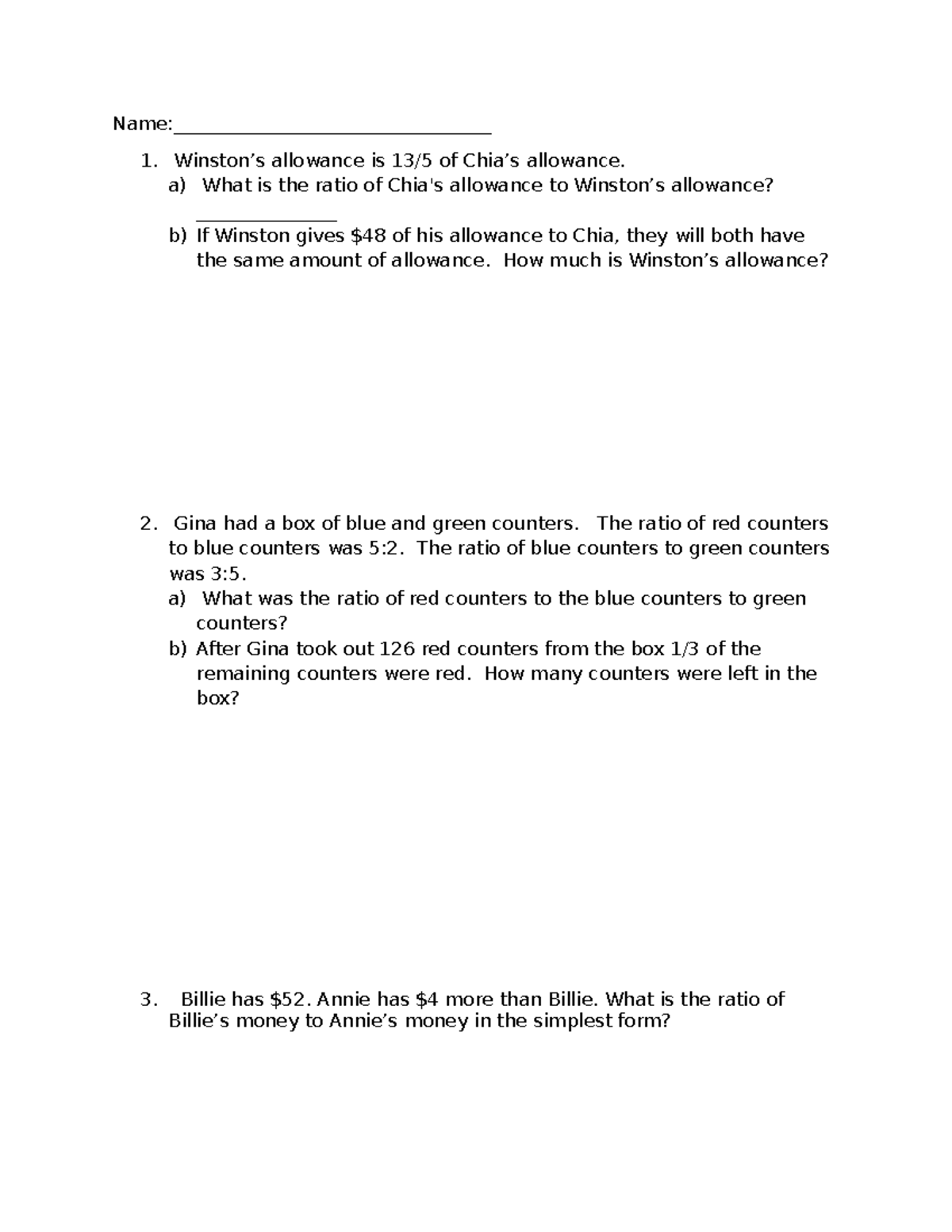 G6 Ratio Word Problems: Allowance and Counters Analysis - Studocu