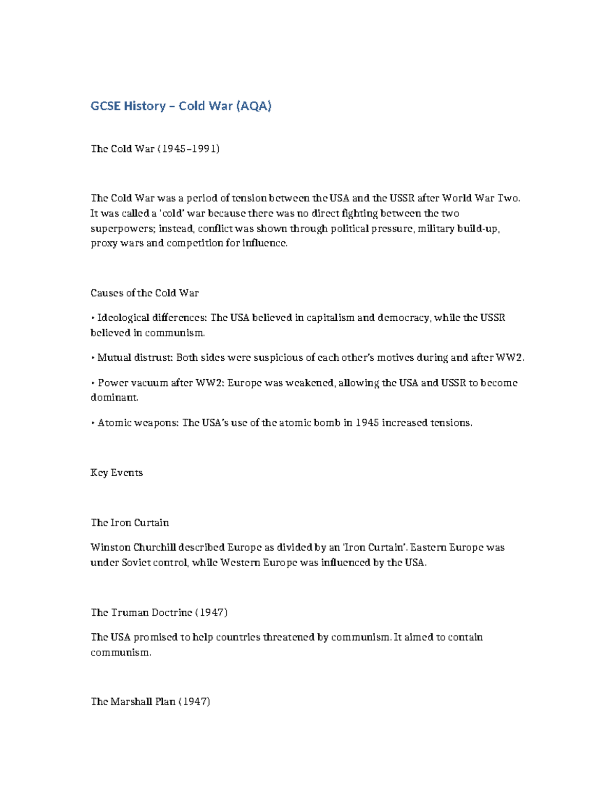 GCSE History Cold War (AQA) Key Notes and Events Summary - Studocu