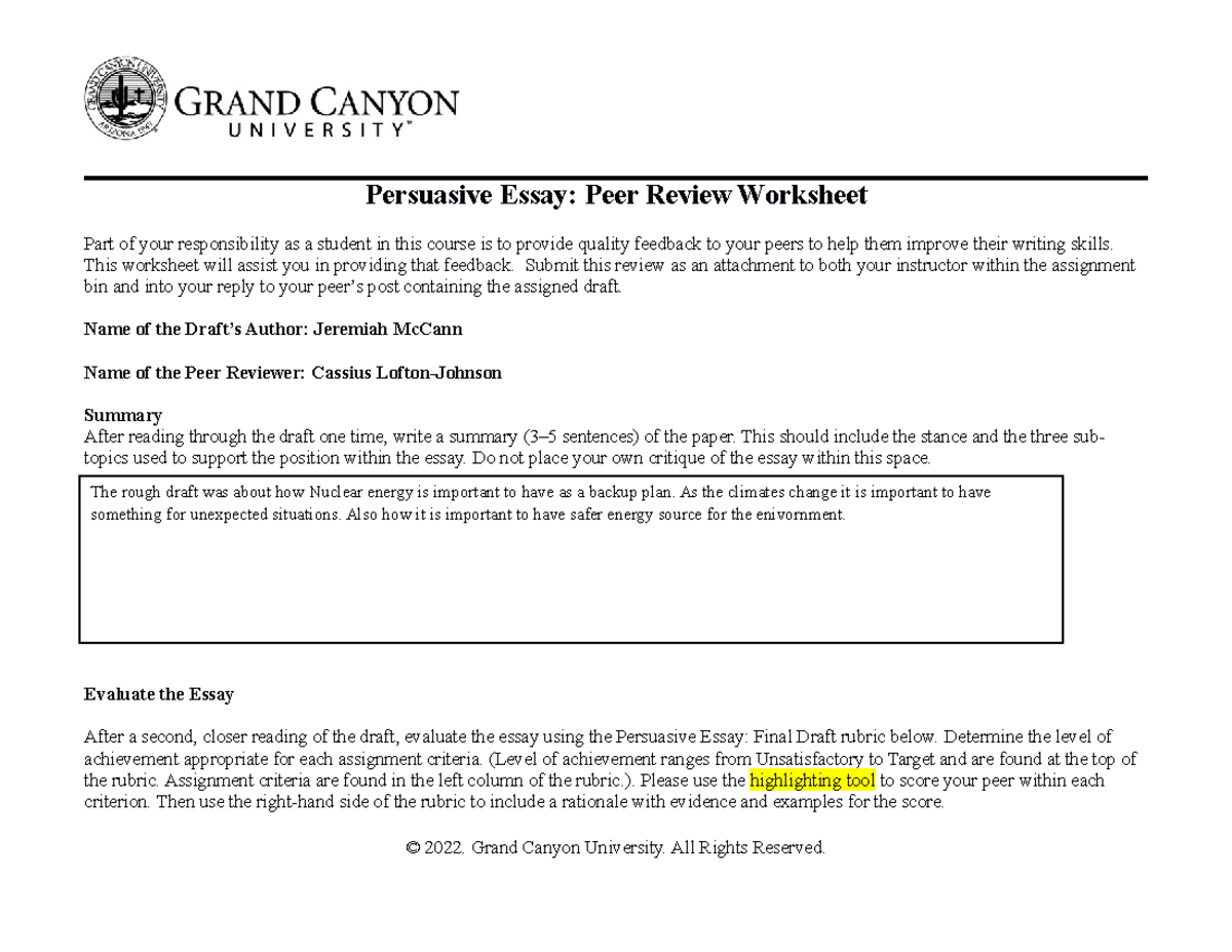Peer review worksheet - Essay Grading - Persuasive Essay: Peer Review ...