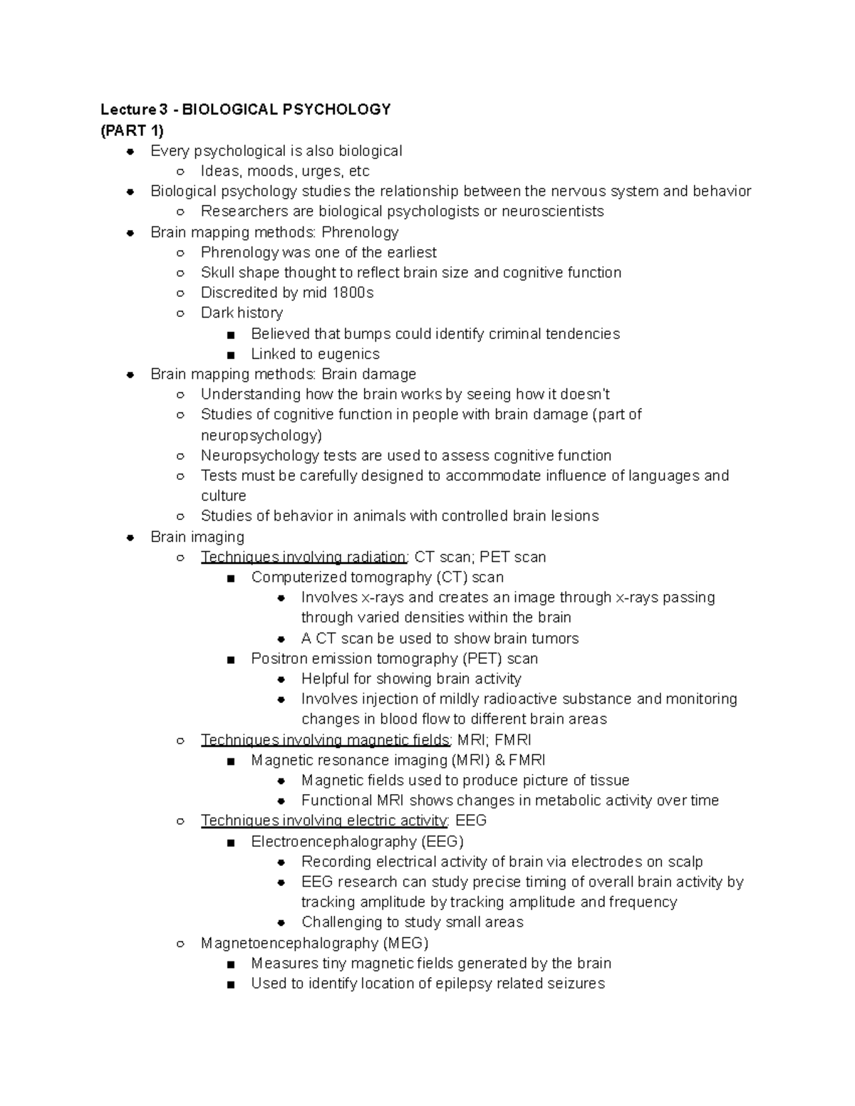 PSYC 1010 - Lecture 3: Biological Psychology Overview and Key Concepts ...