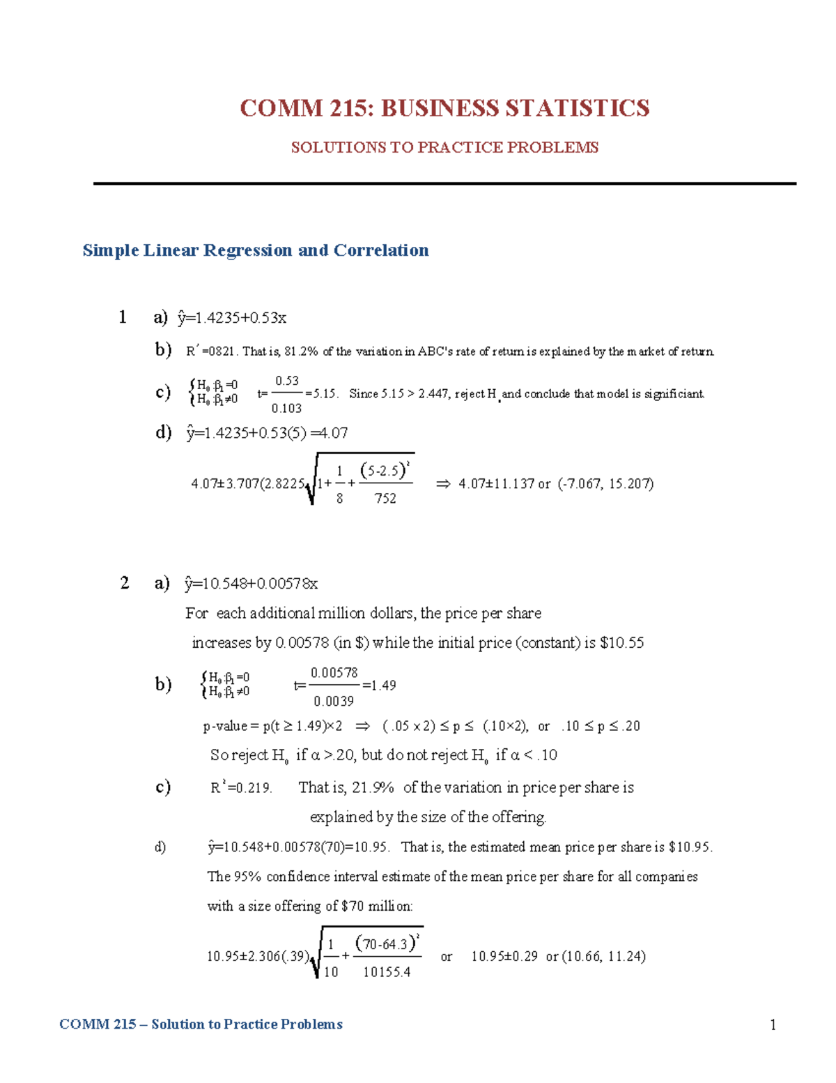 COMM 215 – Solutions to Linear Regression Practice Problems - Studocu