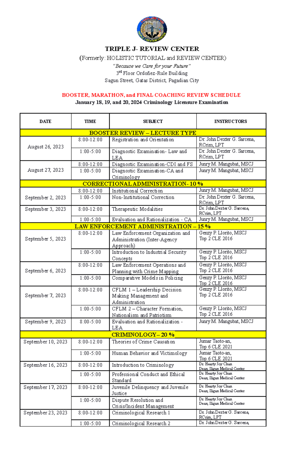 January 2024 CLE Final Coaching & Review Schedule for Criminology - Studocu