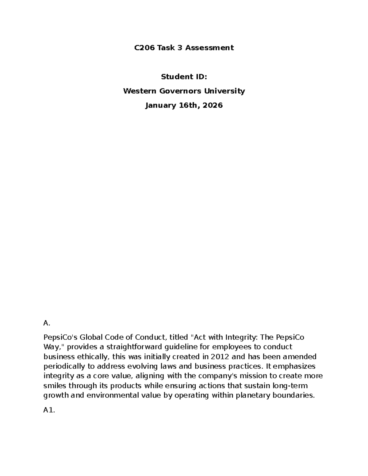 C206 Task 3 - PepsiCo Global Code of Conduct Analysis - Studocu