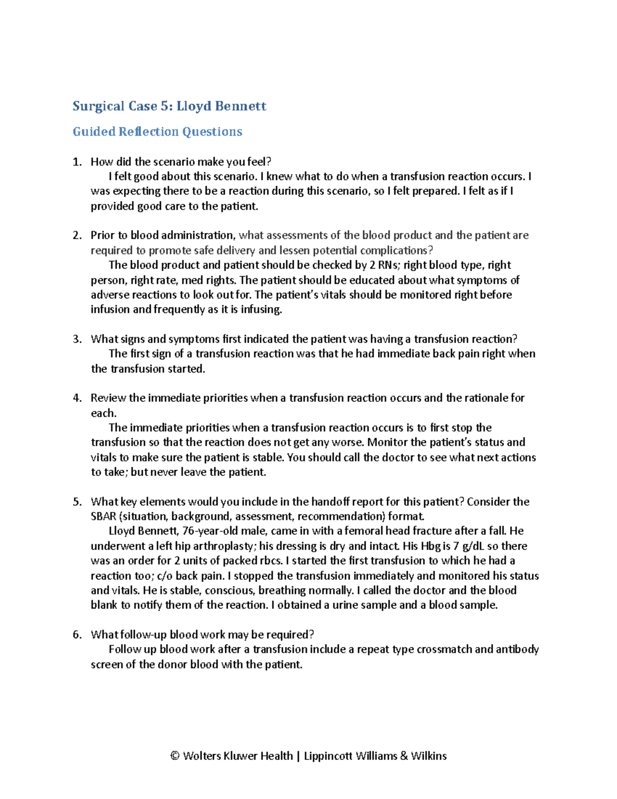 Surgical Case Study: Lloyd Bennett Transfusion Reaction Reflection ...