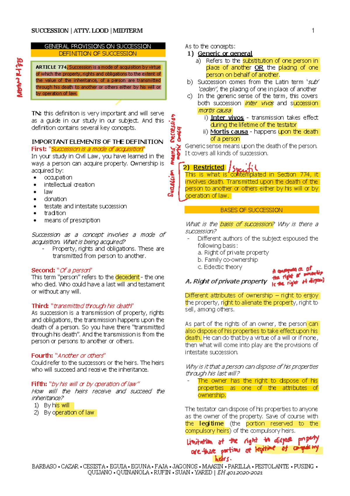 Succession Law Overview: Key Concepts & Definitions - EH 401 Midterm ...
