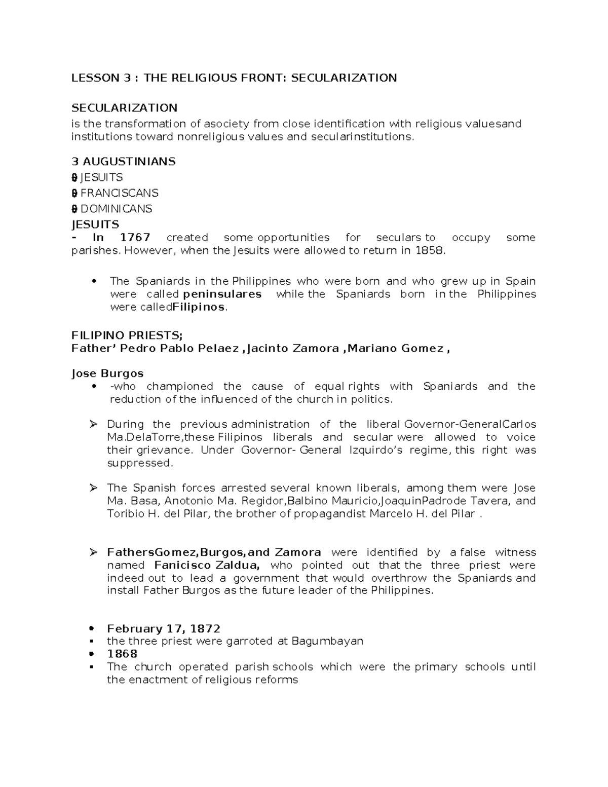 LESSON 3: SECULARIZATION AND THE PHILIPPINE CLERGY'S STRUGGLE - Studocu